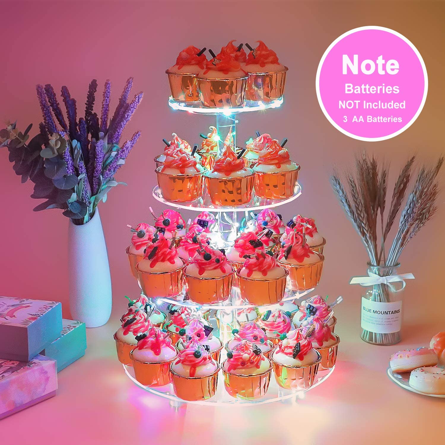 YestBuy 3 Tier Shelf Cake Pop Stand (Blue) +4 Tier Round Cupcake Stand – Premium Cupcake Holder – Acrylic Cupcake Tower Display – Display for Pastry Weddings, Birthday Parties & Events (Multicolored)
