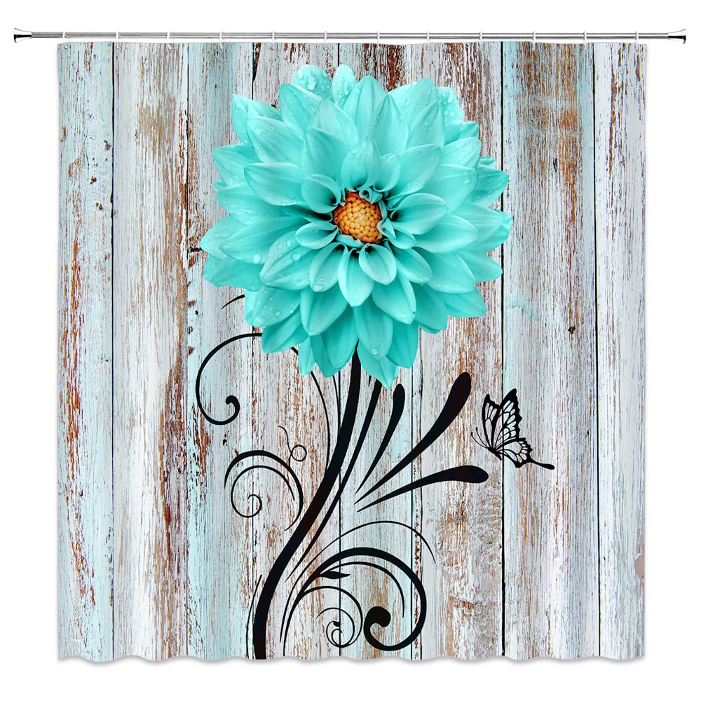 Teal Dahlia Floral Shower Curtain Daisy Flower Butterfly Country Farmhouse Rustic Turquoise Wooden Board Plank Barn Door Bathroom Decor Accessories Polyester Fabric Set with 12 Hooks 70 X 70 in