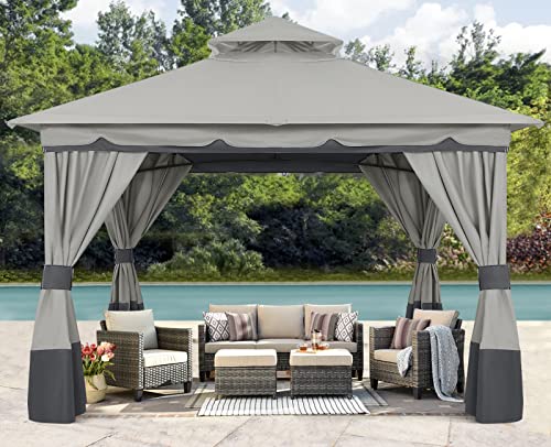 ABCCANOPY 10'x10' Outdoor Gazebo, Double Roof Patio Gazebo with Shade Curtains, Light Gray