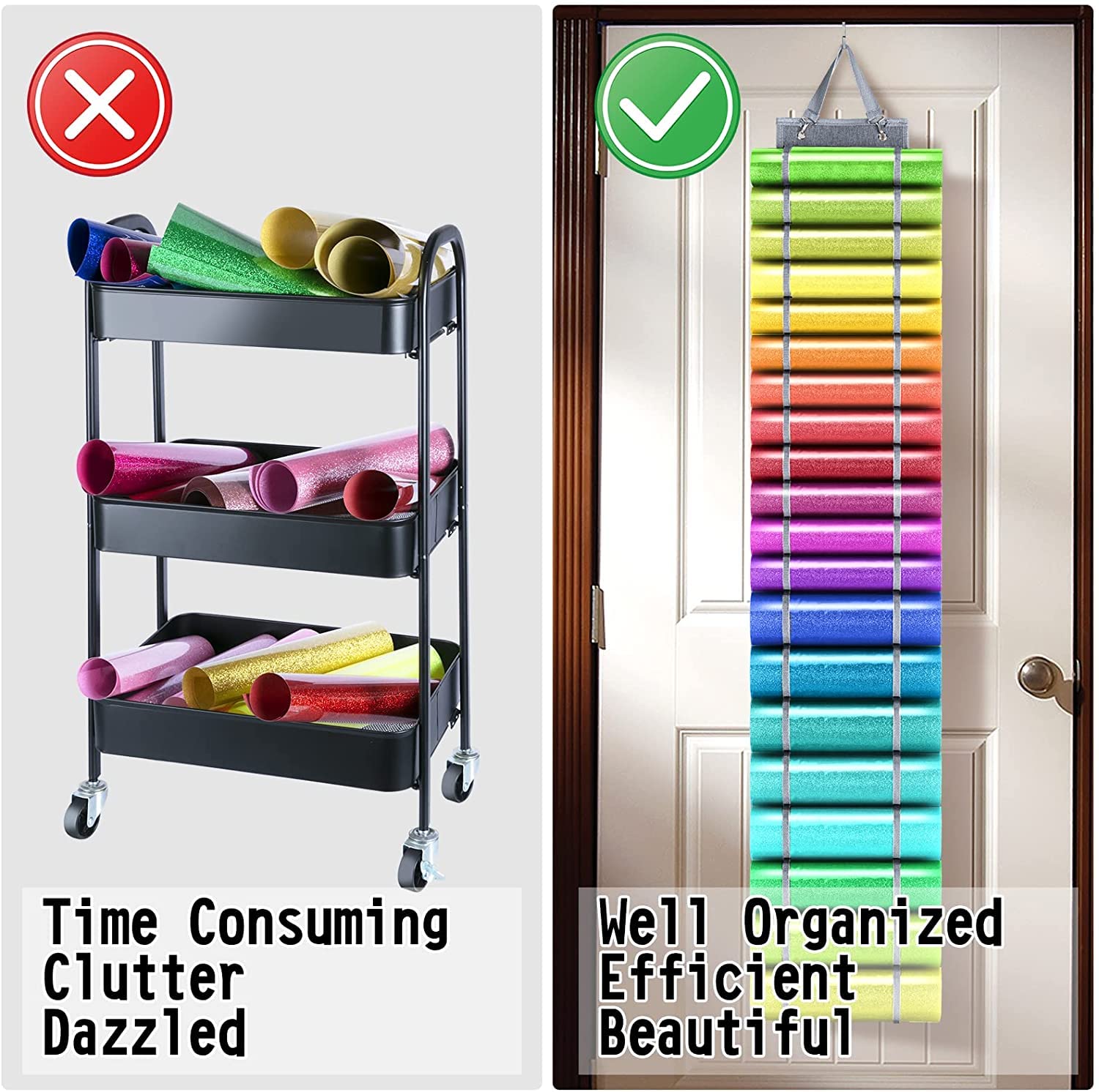 CareforYou Vinyl Roll Holder, Vinyl Storage Organizer with 48 Roll Compartments for Large Vinyl Rolls,Door/Closet Hanging/Wall Mounting Vinyl Holder,Space Saving Organization for Craft Room