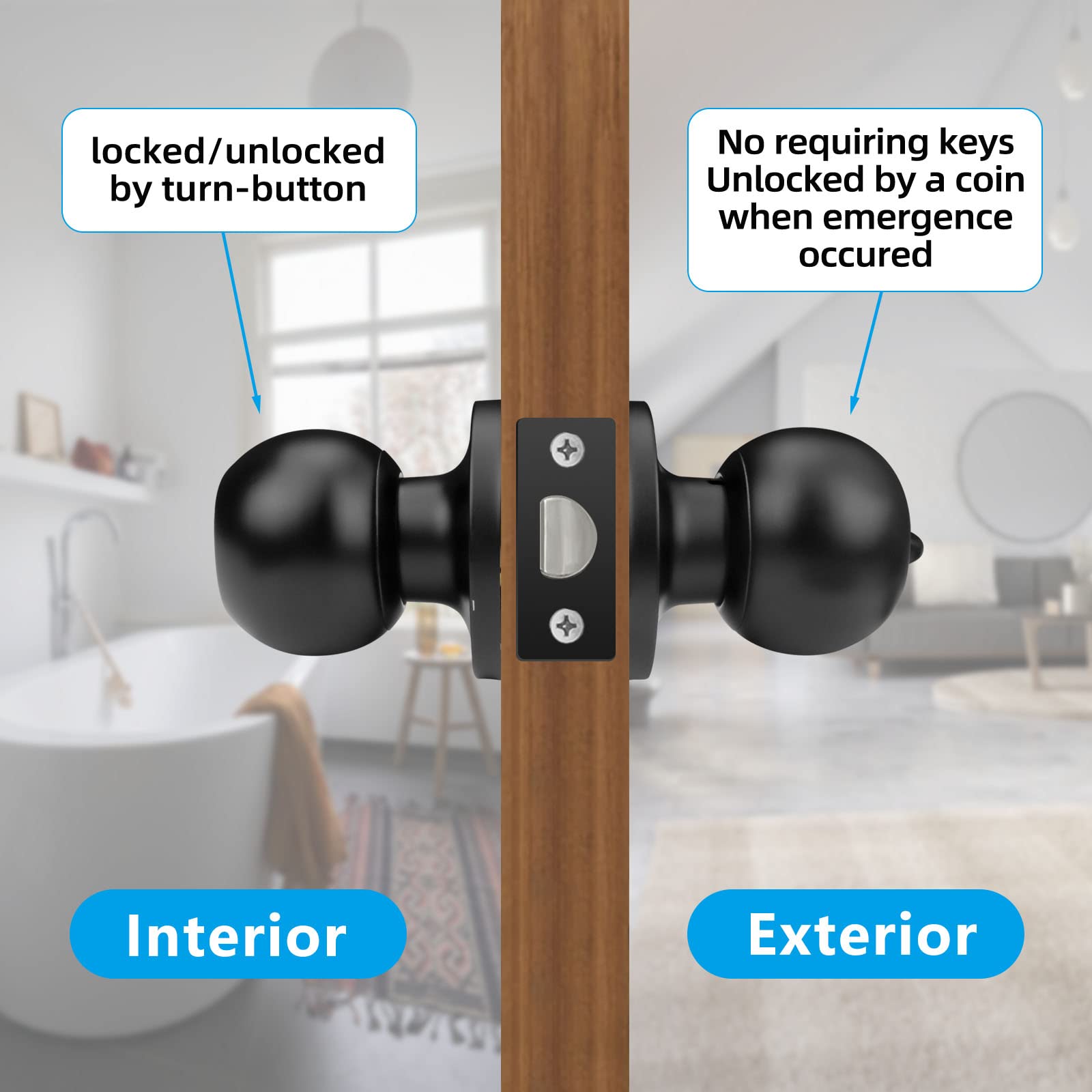 ROTESONNE 8 Pack Matte Black Privacy Door Knobs for Bedroom, Bathroom and Passage with 8 Door Stoppers, Keyless Door Handles, Interior Door Knobs (8, Black)