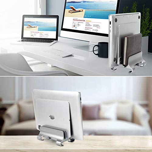 Vertical Laptop Stand [Upgrade Version], 3 Slots Space-Saving Aluminum Desktop Stand Holder with Adjustable Dock Size, Fits All MacBook/Air/Microsoft Surface,Dell,Gaming Laptops (up to 17.3"), Silver