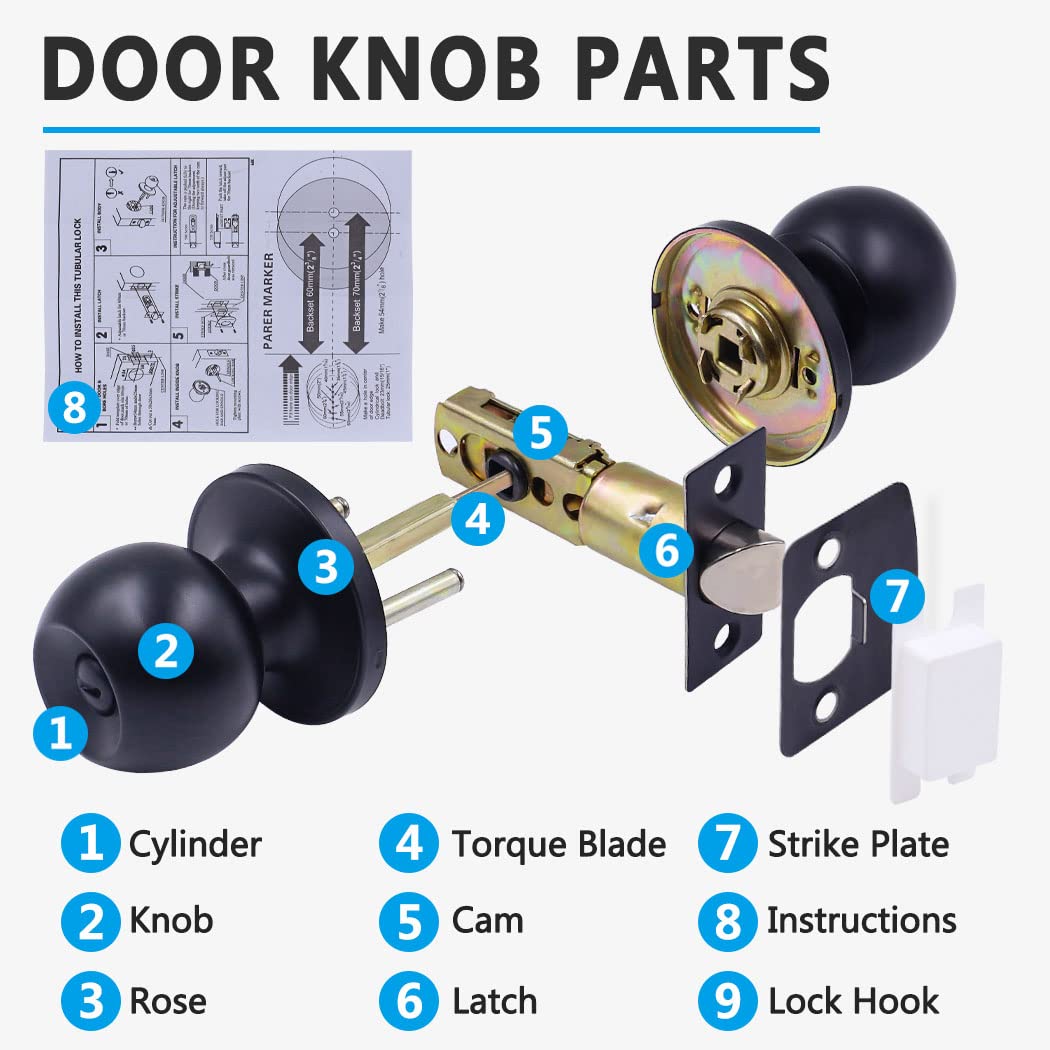 ROTESONNE 8 Pack Matte Black Privacy Door Knobs for Bedroom, Bathroom and Passage with 8 Door Stoppers, Keyless Door Handles, Interior Door Knobs (8, Black)
