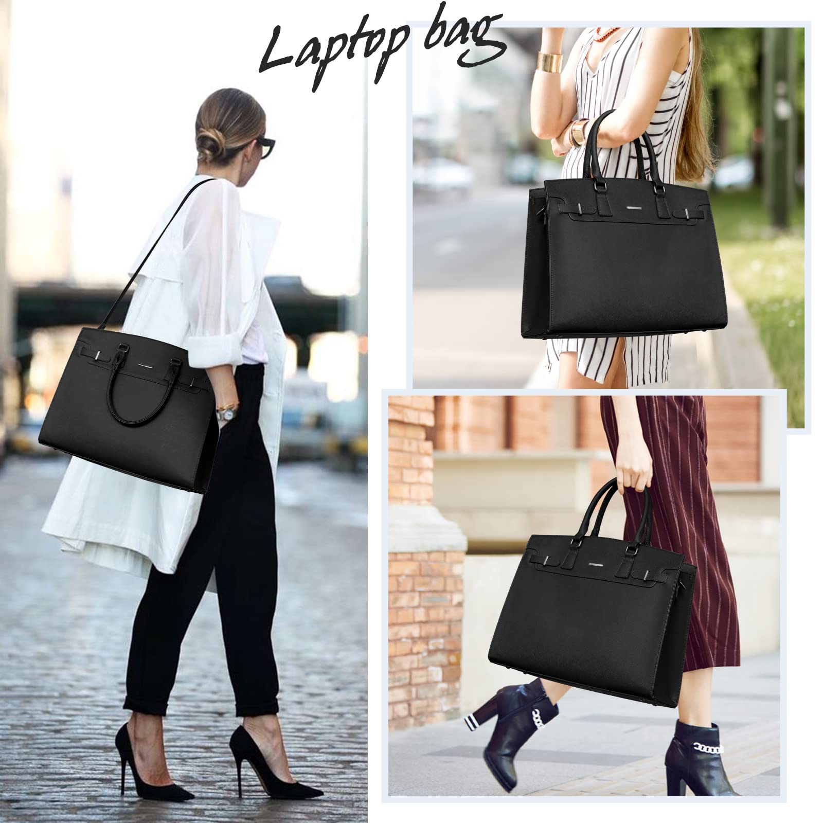 Laptop Bag for Women 15.6 Inch Waterproof Leather Lightweight Business Office Work Bag Large Capacity Professional Briefcase Computer Tote Fashion Handbag Shoulder Bag Black