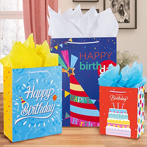 Birthday Gift Bag with Handle and Tissue Paper, 12 Pcs Gift Bags Assorted Sizes and Designs, Large, Medium, Small Size Birthday Gift Bag for Boys, Girls, Women and Men’ Birthdays Party ( Sizes 15.5”, 13”, 9” )