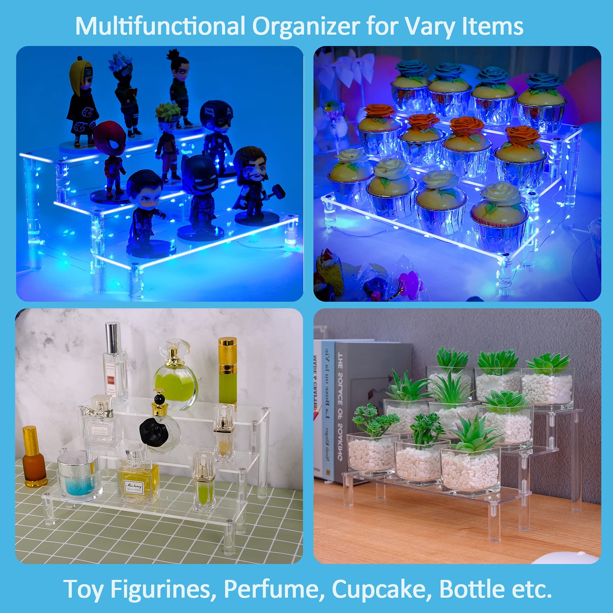 YestBuy 3 Tier Shelf Cake Pop Stand (Blue) + 4 Tier Premium Cupcake Holder – Acrylic Cupcake Tower Display – Cady Bar Party Décor – Acrylic Display for Pastry Weddings, Birthday(Colorful Light)