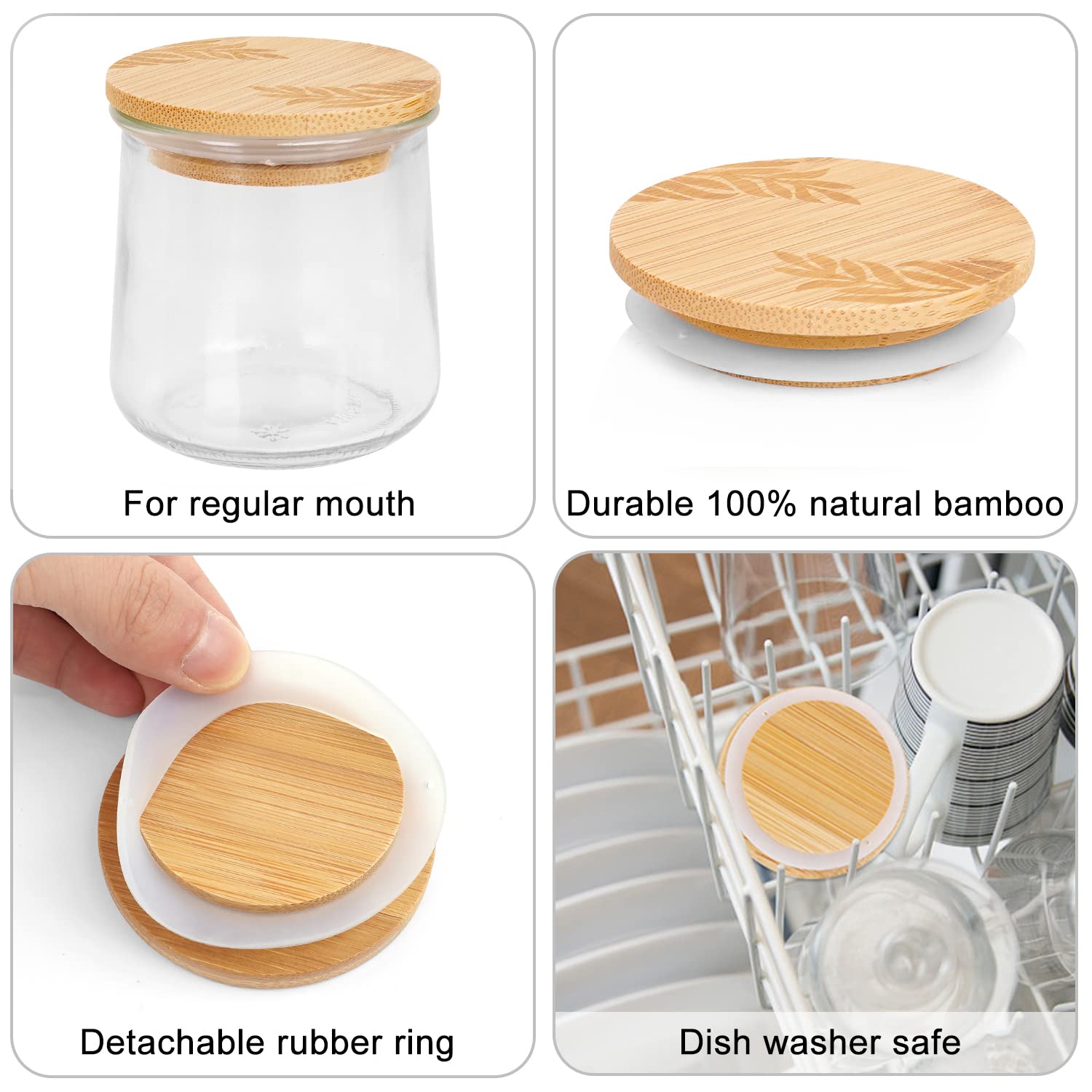 Mason Life Oui Bamboo Jar Lids Set with Silicone Sealing Rings, Leaves Pattern, for 5 Oz Yogurt Jars