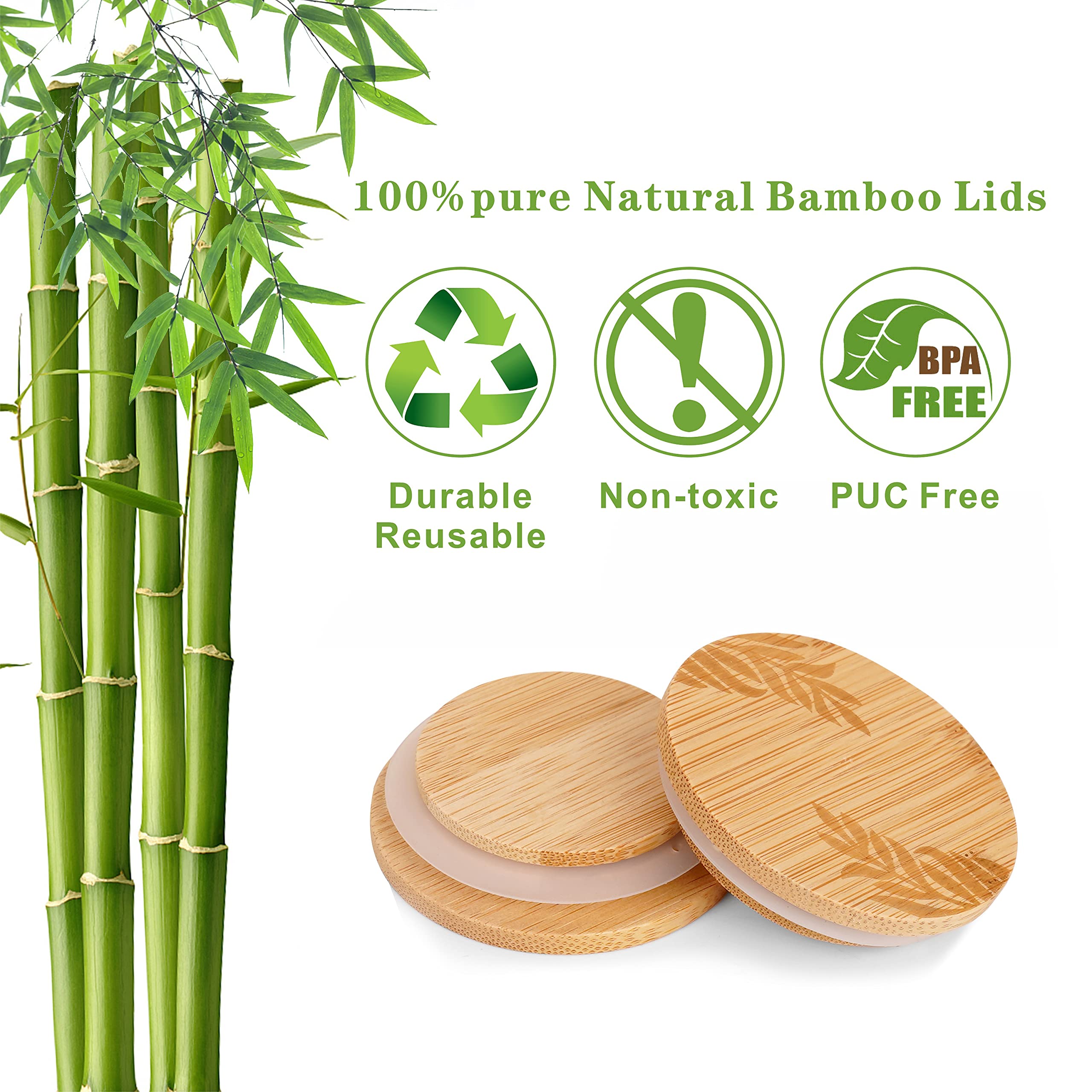 Mason Life Oui Bamboo Jar Lids Set with Silicone Sealing Rings, Leaves Pattern, for 5 Oz Yogurt Jars