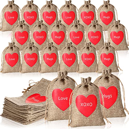 Crtiin 24 Pieces Valentine Heart Burlap Bags Valentine's Gift Bag Gift Candy Drawstring Bags Pouch Linen Gift Pockets for Valentines Party Favors Treat Goodie Bags (Letter Style)