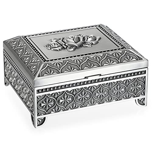 Hipiwe Vintage Metal Jewelry Box Trinket Storage Box Rectangle Treasure Chest Case Earring Ring Necklace Bracelet Organizer Decorative Keepsake Box Birthday Gift for Women Girls