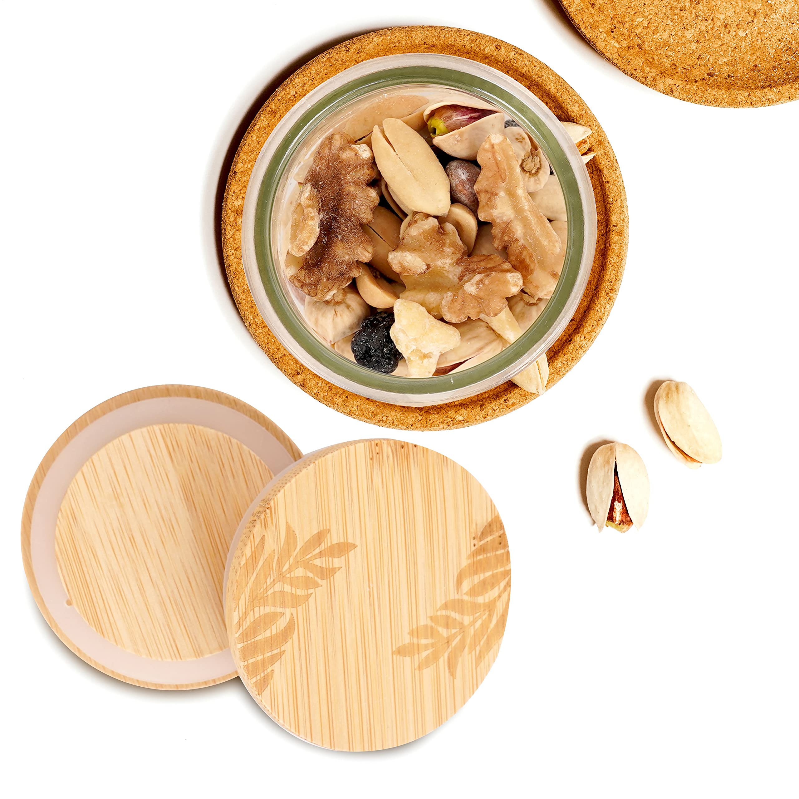 Mason Life Oui Bamboo Jar Lids Set with Silicone Sealing Rings, Leaves Pattern, for 5 Oz Yogurt Jars