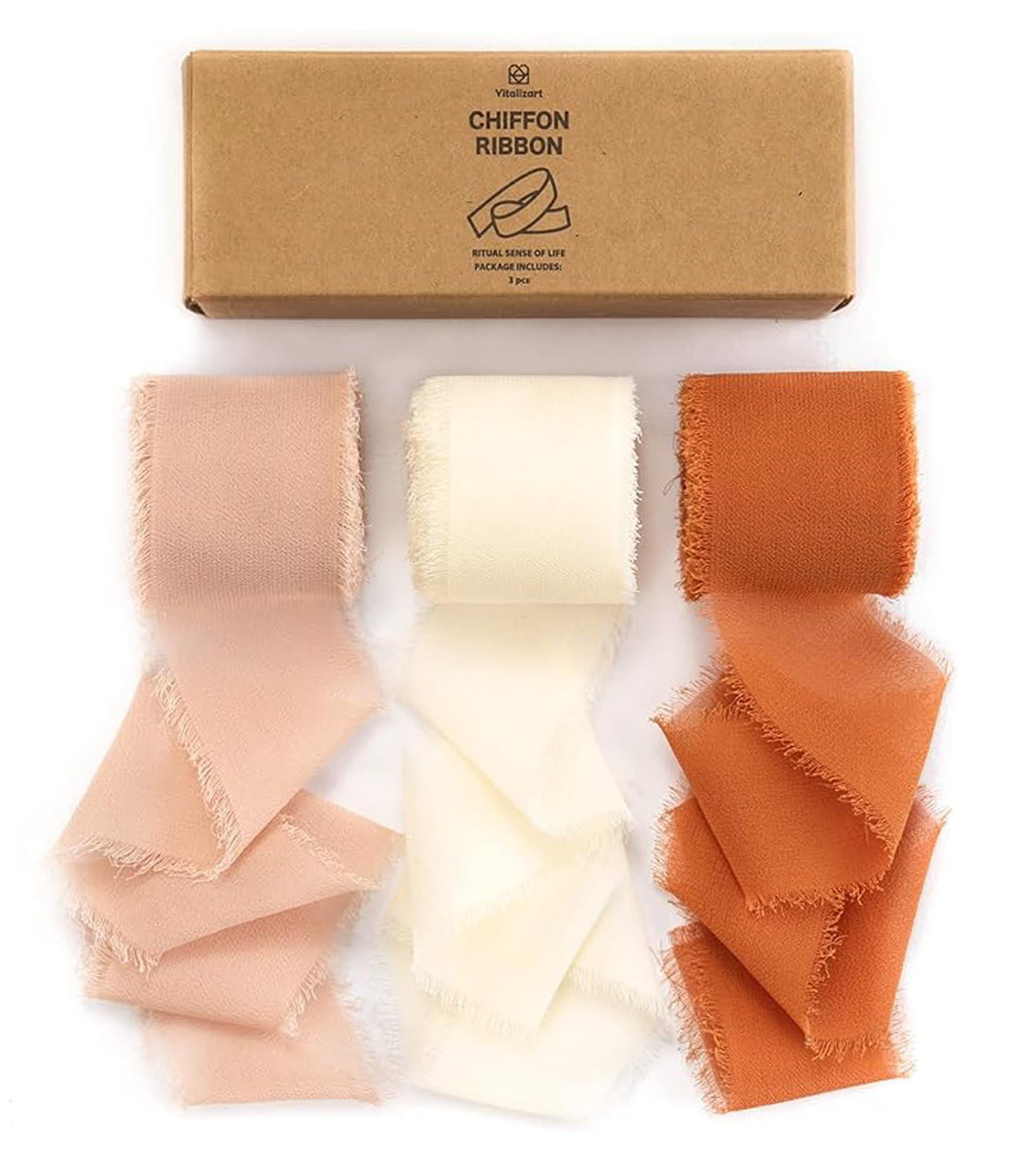 Vitalizart Fall Handmade Chiffon Silk Ribbon Fringe 1.5" x 21 Yd Terracotta Cream Frayed Edges Ribbons for Wedding Invitations Bridal Bouquets Gifts Wrapping Crafts Holiday Party Decorations