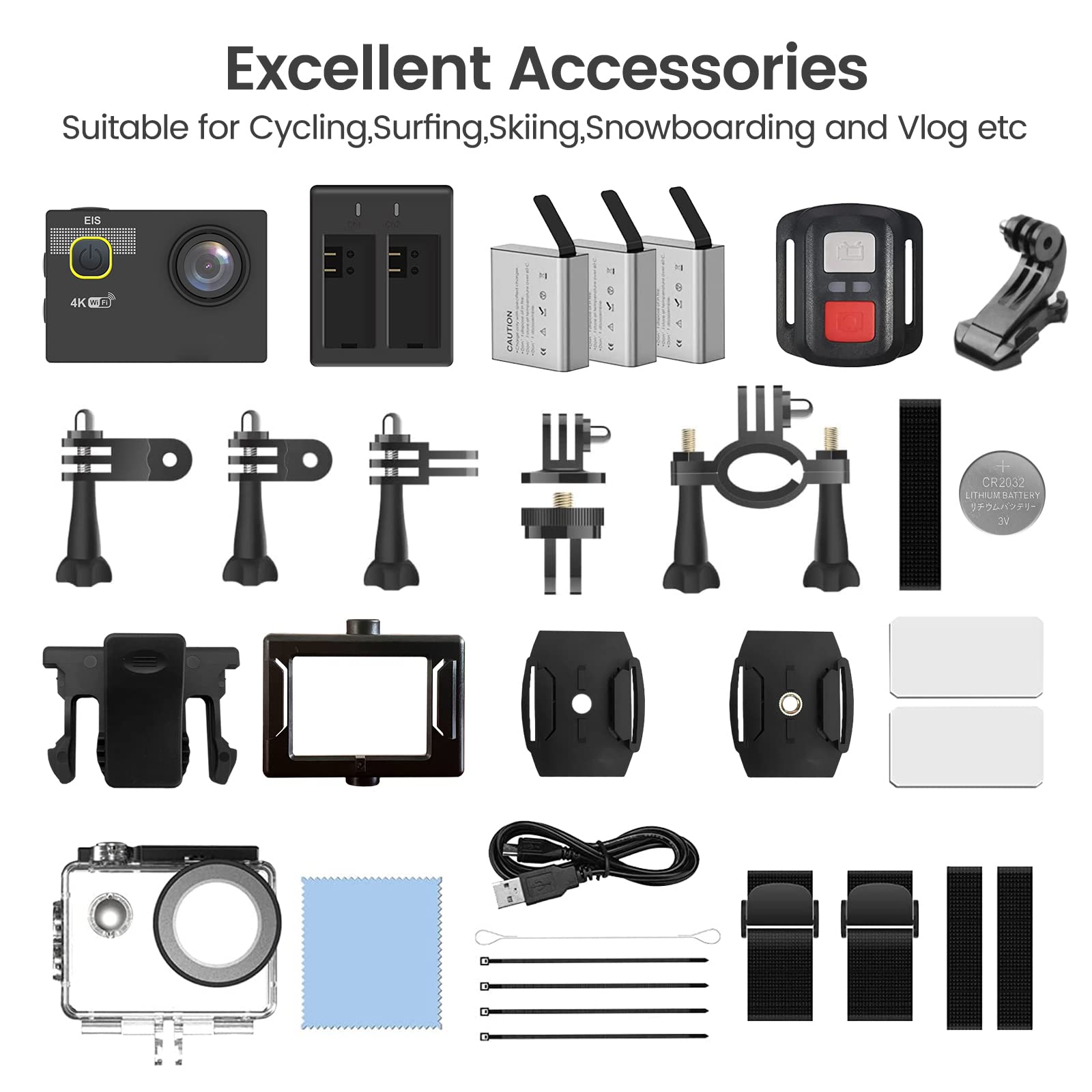 AKAIRIO Action Sports Camera with Accessories Mount Kit 3 1350mAh Batteries,HD WiFi Remote Underwater Camera with Waterproof Case,Outdoor Video Action Camera 4k with Wide Angle Lens
