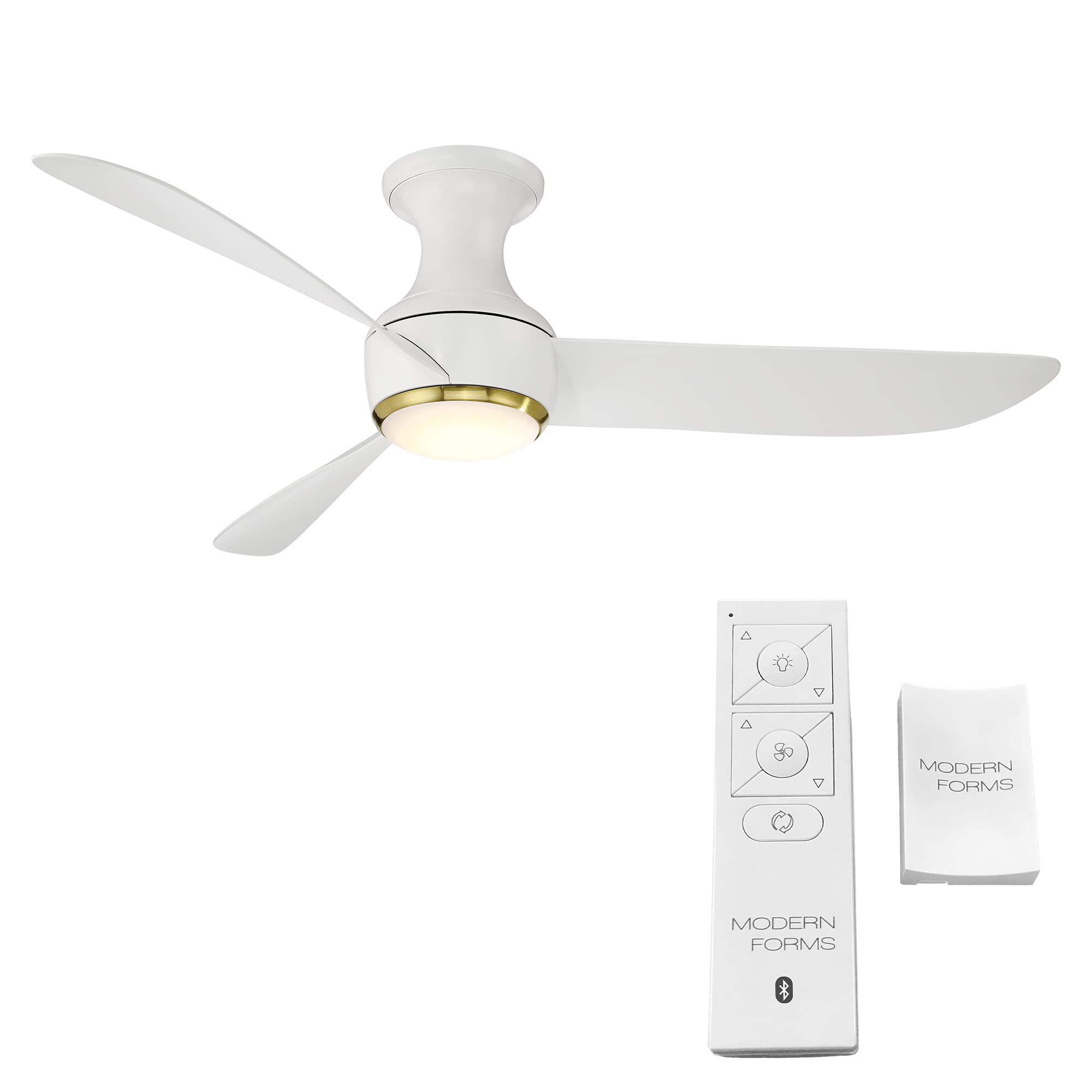 Corona Smart Indoor and Outdoor 3-Blade Flush Mount Ceiling Fan 52in Satin Brass White 3000K LED Light Kit and Remote Control works with Alexa, Google Assistant, Samsung Things, and iOS or Android App