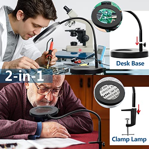 HITTI 10X Magnifying Glass with Light and Stand, 2- in- 1 Flexible Gooseneck Magnifying Desk Lamp & Clamp, 3 Modes Dimmable Hands Free LED Lighted Magnifier for Close Work Workbench Crafts Reading