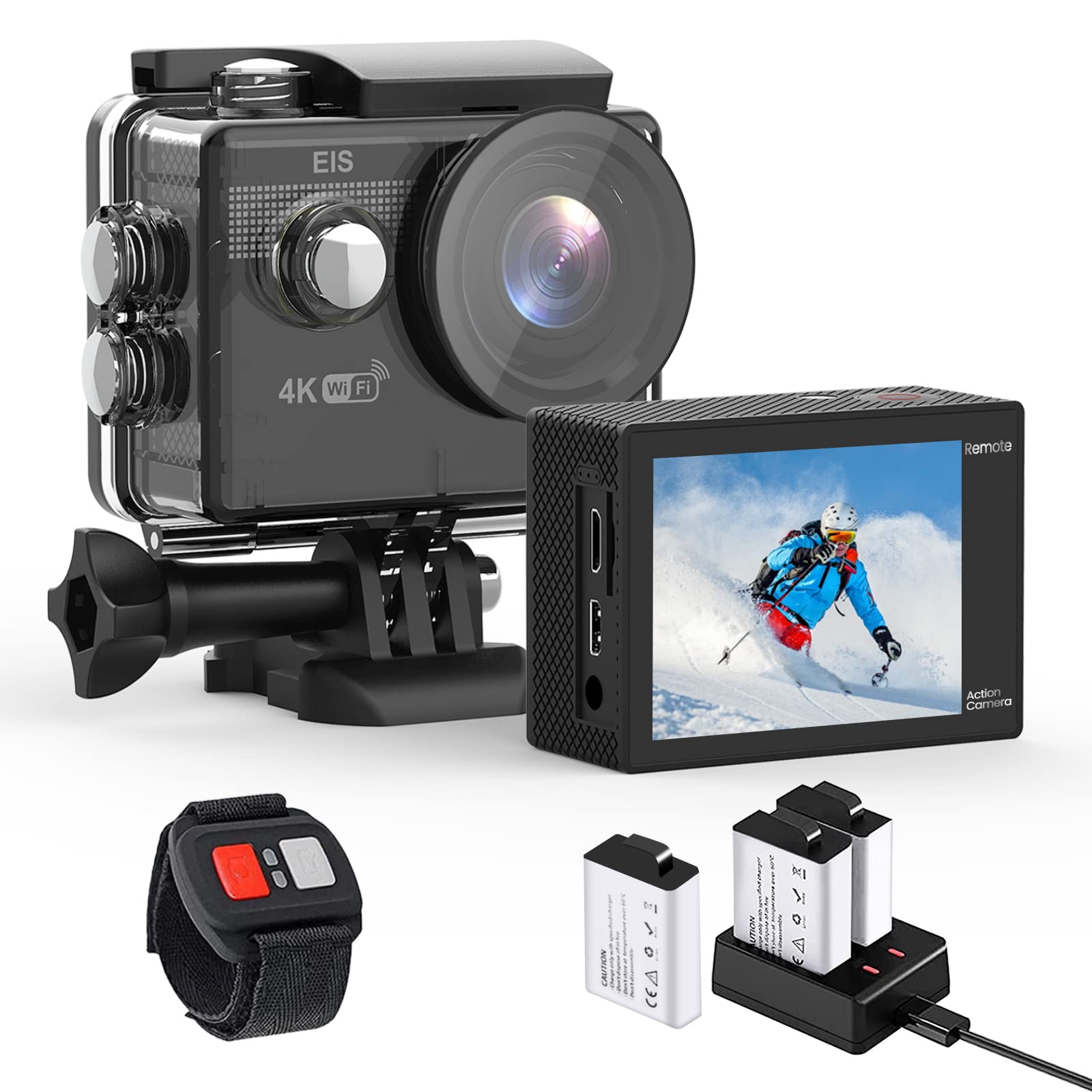 AKAIRIO Action Sports Camera with Accessories Mount Kit 3 1350mAh Batteries,HD WiFi Remote Underwater Camera with Waterproof Case,Outdoor Video Action Camera 4k with Wide Angle Lens