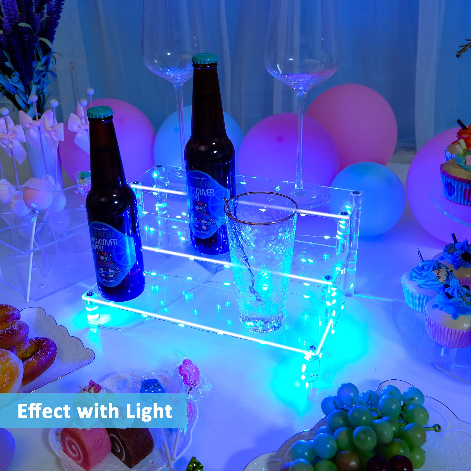YestBuy 3 Tier Shelf Cake Pop Stand (Blue) + 4 Tier Premium Cupcake Holder – Acrylic Cupcake Tower Display – Cady Bar Party Décor – Acrylic Display for Pastry Weddings, Birthday(Colorful Light)