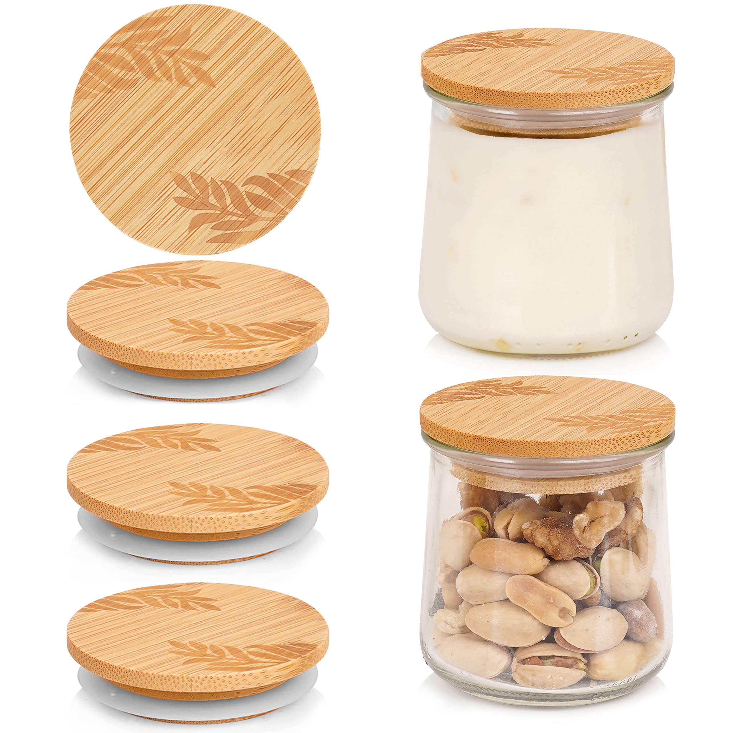 Mason Life Oui Bamboo Jar Lids Set with Silicone Sealing Rings, Leaves Pattern, for 5 Oz Yogurt Jars