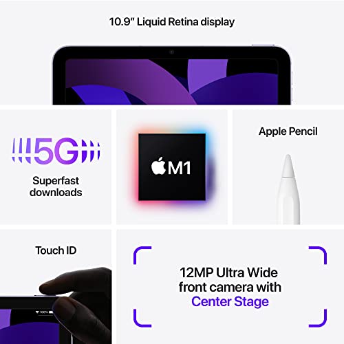 Apple iPad Air (5th Generation): with M1 chip, 10.9-inch Liquid Retina Display, 256GB, Wi-Fi 6 + 5G Cellular, 12MP front/12MP Back Camera, Touch ID, All-Day Battery Life – Purple
