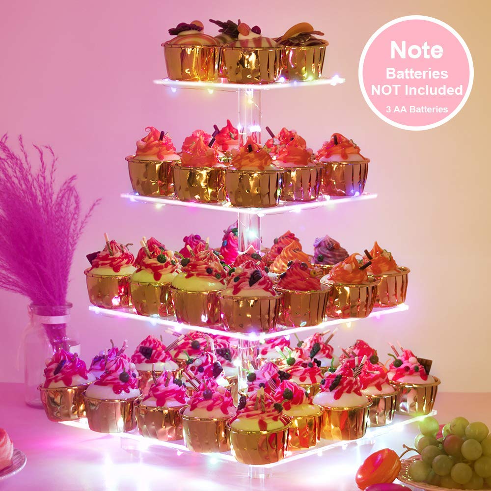 YestBuy 3 Tier Shelf Cake Pop Stand (Blue) + 4 Tier Premium Cupcake Holder – Acrylic Cupcake Tower Display – Cady Bar Party Décor – Acrylic Display for Pastry Weddings, Birthday(Colorful Light)