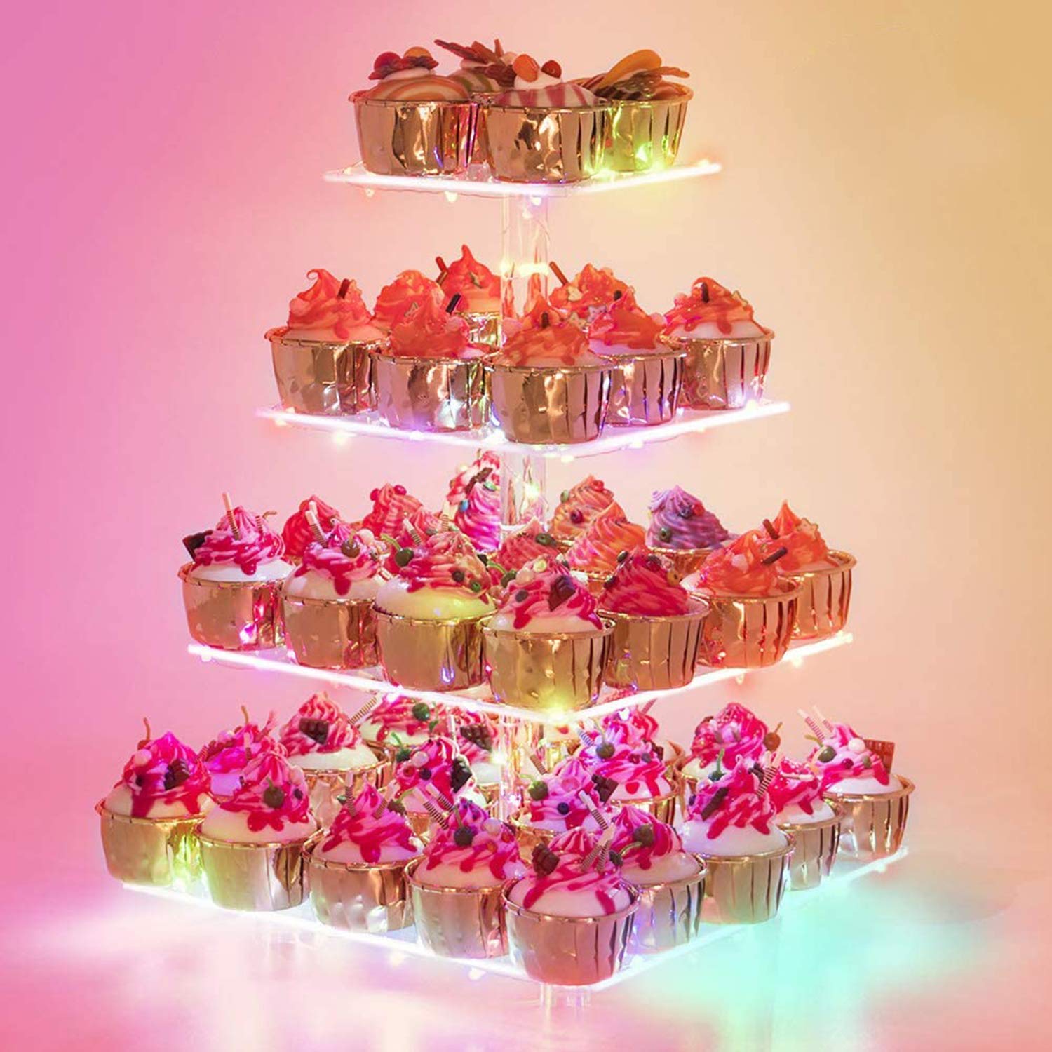 YestBuy 3 Tier Shelf Cake Pop Stand (Blue) + 4 Tier Premium Cupcake Holder – Acrylic Cupcake Tower Display – Cady Bar Party Décor – Acrylic Display for Pastry Weddings, Birthday(Colorful Light)