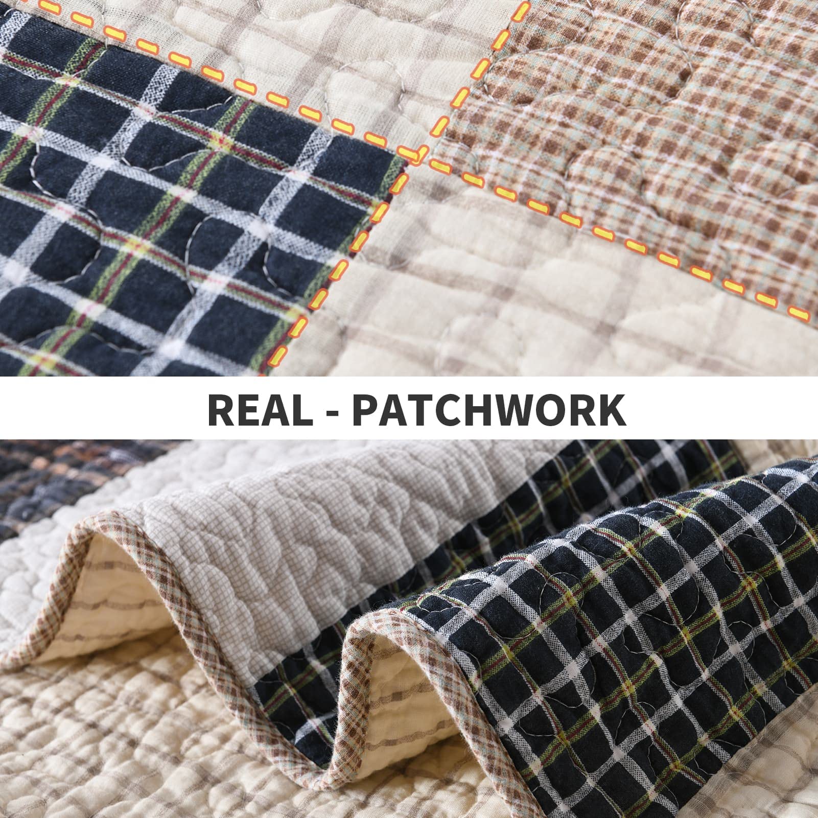 PERHOM 100% Cotton King Size Quilt Set - Lightweight Bedding Set, Real-Patchwork Plaid Pattern Printed Farmhouse Bedspreads, Soft Reversible Coverlet Comforter for All Season, 3 Pieces
