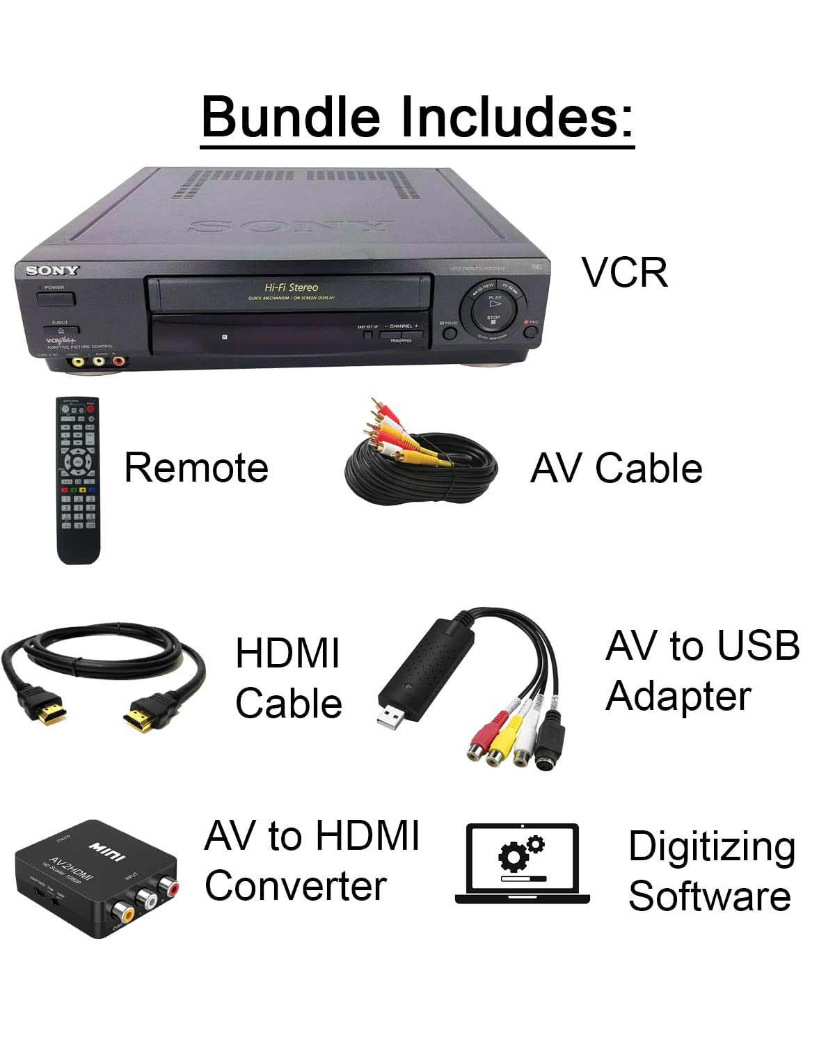 VCR for VHS Transfer and Digitizing Bundle w/Remote, USB Adapter, HDMI (Sony, Black)