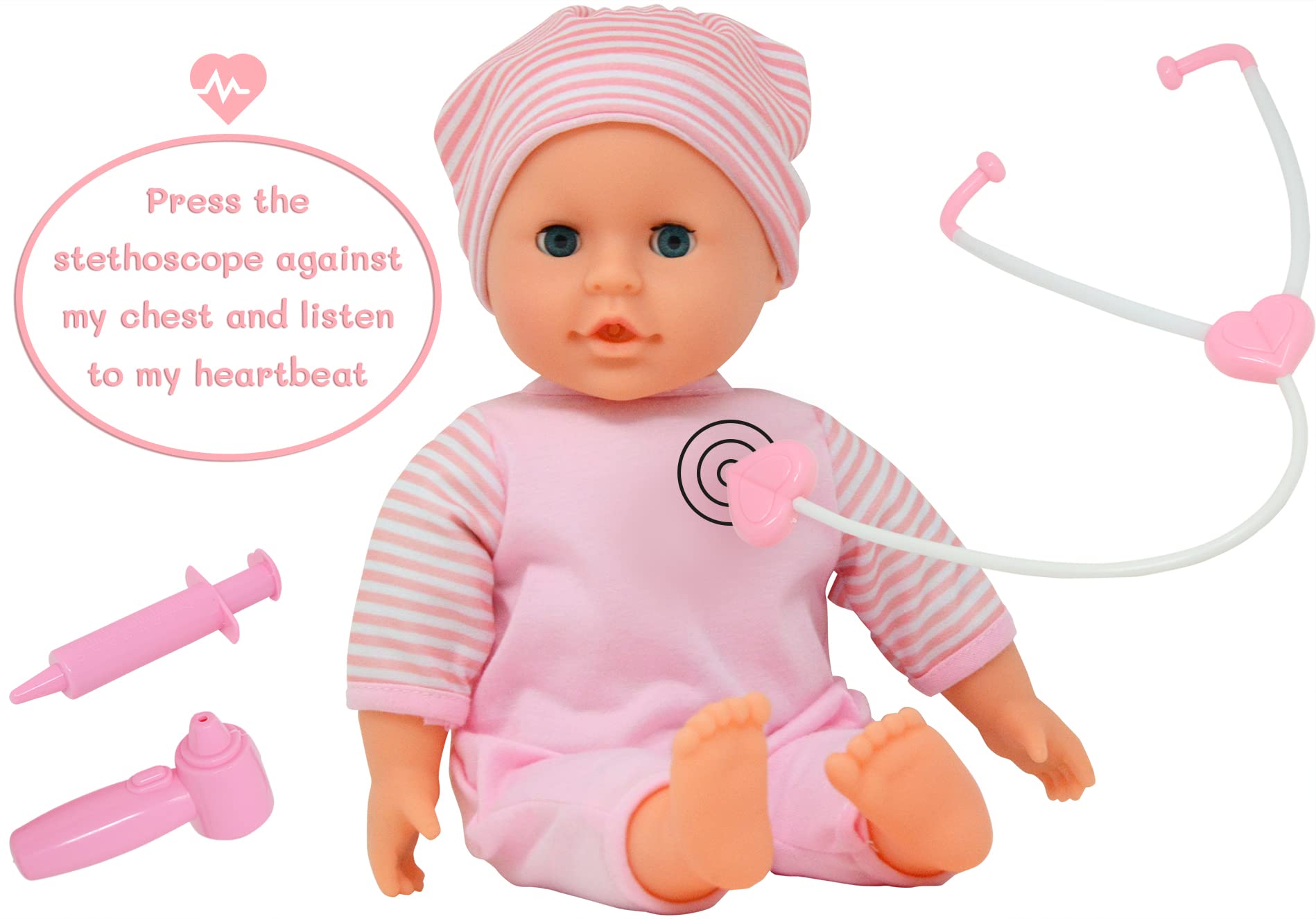 Interactive Talking Baby Doll Doctor Set Toy Pack for Kids – 14” Doll with Lights, Sound Effects, Pretend Play Dr Checkup Accessories – Pink Newborn Hospital Care Nursing Playset for Toddler Girl 3+