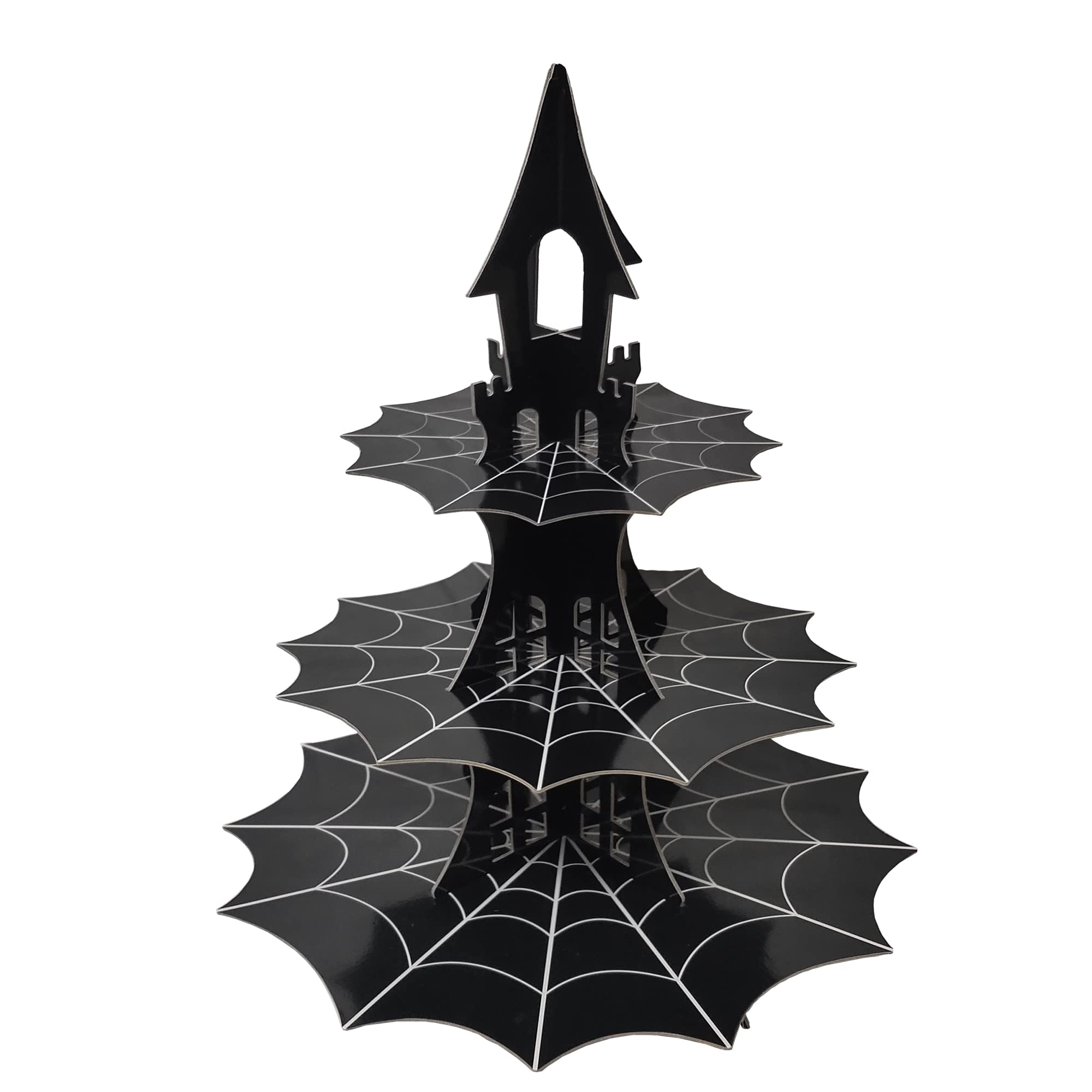 3-Tiers Spider Web Cupcake Stand for Hero Theme Party Supplies. Haunted House, Ghost,Cardboard, Dark Building Dessert Holder Halloween Party Serving Tray