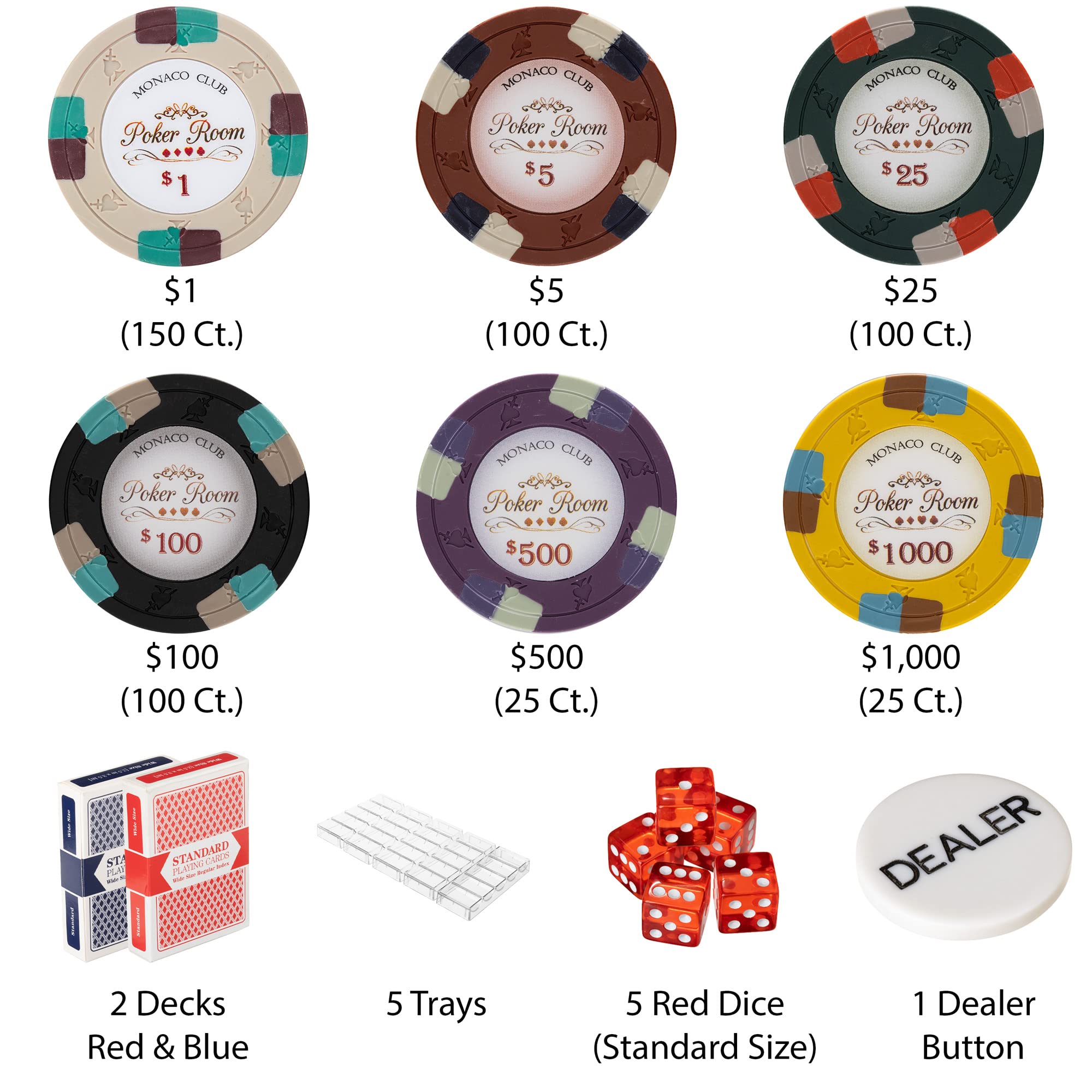 Monaco Club Poker Chip Set Aluminum Carry Case - Casino Clay Composite 13-Gram Quality Poker Chips - with Dice, Playing Cards - Heavy-Duty Protection - Locking Portable Case (500 ct. Premium)
