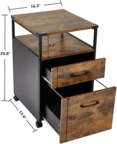 Fameill Rolling Filing Cabinet 2 Drawer File Cabinet Industrial Printer Stand for Home Office Small Under Desk Cabinet with Open Shelf,Storage Cabinet for A4, Letter Size, Rustic Brown