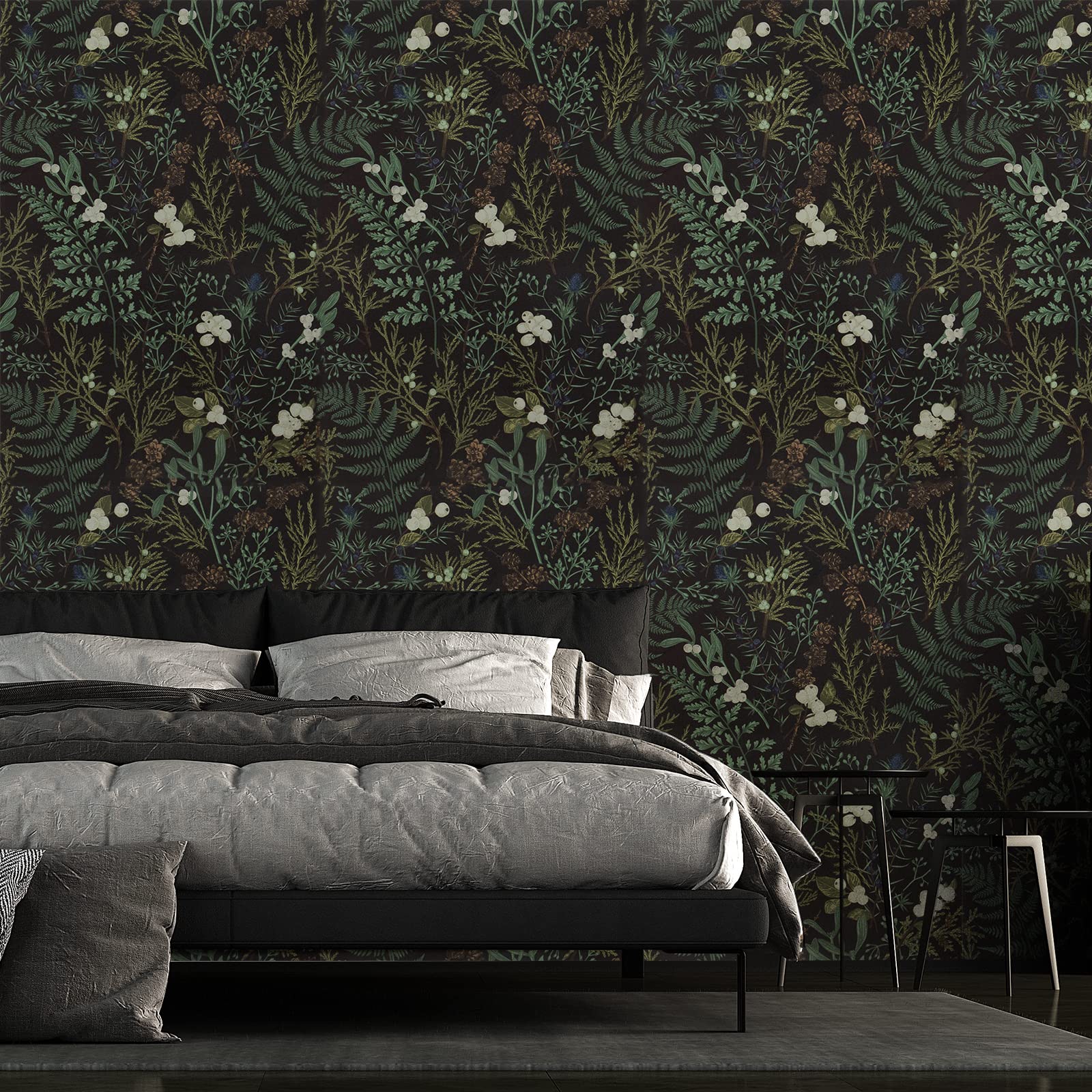 VaryPaper 17.7''x118'' Tropical Moss Leaf Peel and Stick Wallpaper Black Floral Self Adhesive Removable Contact Paper Decorative for Bedroom Walls Cabinets Shelves