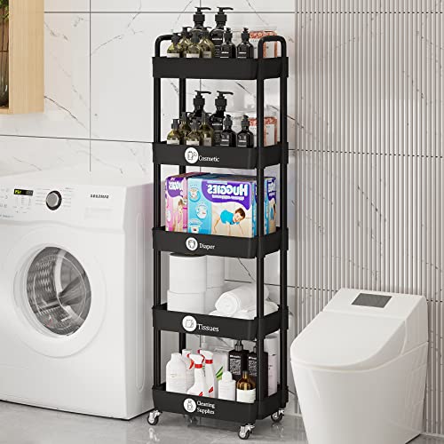 Laiensia 5-Tier Storage Cart,Multifunction Utility Rolling Cart Kitchen Storage Organizer,Mobile Shelving Unit Cart with Lockable Wheels for Bathroom,Laundry,with Classified Stickers,Black