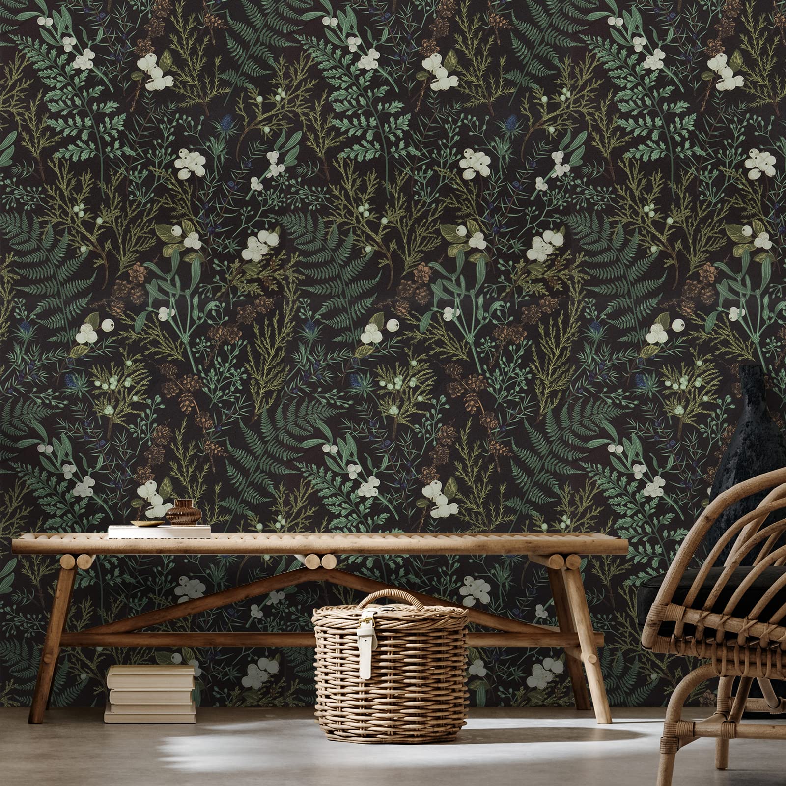 VaryPaper 17.7''x118'' Tropical Moss Leaf Peel and Stick Wallpaper Black Floral Self Adhesive Removable Contact Paper Decorative for Bedroom Walls Cabinets Shelves