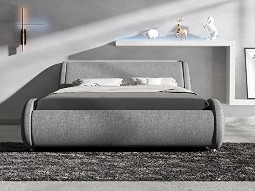 IMUsee Queen Size Bed Frame, Linen Fabric Upholstered Platform Bed with Curved Adjustable Headboard, Mattress Foundation with Wood Slat Support, 10''-12'' Mattress Recommended, Grey