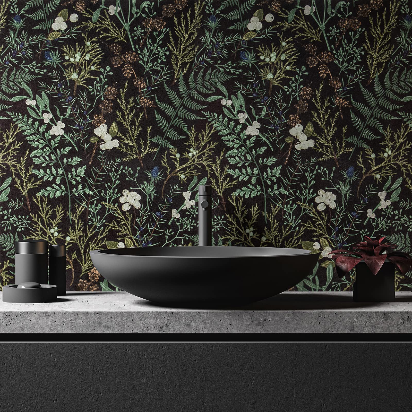 VaryPaper 17.7''x118'' Tropical Moss Leaf Peel and Stick Wallpaper Black Floral Self Adhesive Removable Contact Paper Decorative for Bedroom Walls Cabinets Shelves