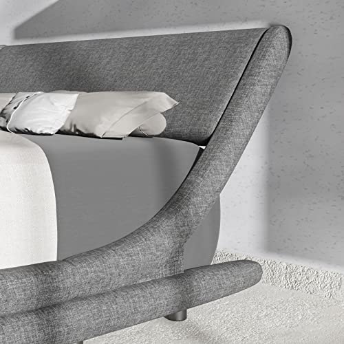 IMUsee Queen Size Bed Frame, Linen Fabric Upholstered Platform Bed with Curved Adjustable Headboard, Mattress Foundation with Wood Slat Support, 10''-12'' Mattress Recommended, Grey