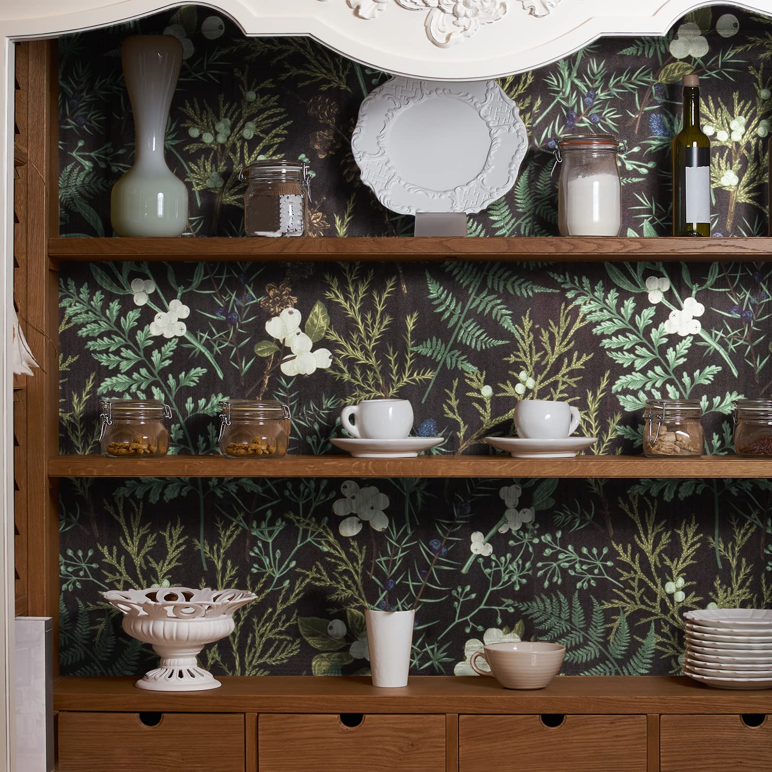VaryPaper 17.7''x118'' Tropical Moss Leaf Peel and Stick Wallpaper Black Floral Self Adhesive Removable Contact Paper Decorative for Bedroom Walls Cabinets Shelves