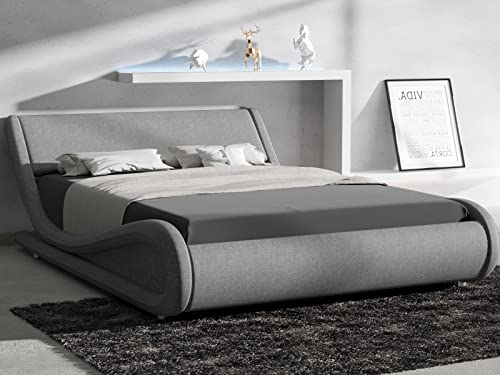 IMUsee Queen Size Bed Frame, Linen Fabric Upholstered Platform Bed with Curved Adjustable Headboard, Mattress Foundation with Wood Slat Support, 10''-12'' Mattress Recommended, Grey