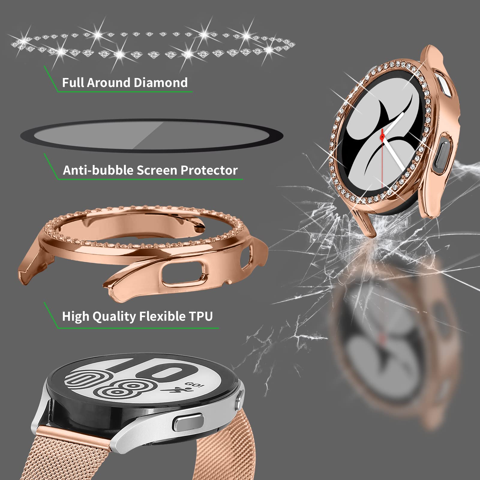 JOYOZY Bands Compatible with Samsung Galaxy Watch 4 40mm with Screen Protector Case,20mm Quick Release Watch Band Stainless Steel Strap & Diamond Bezel Case Cover for Galaxy Watch 4