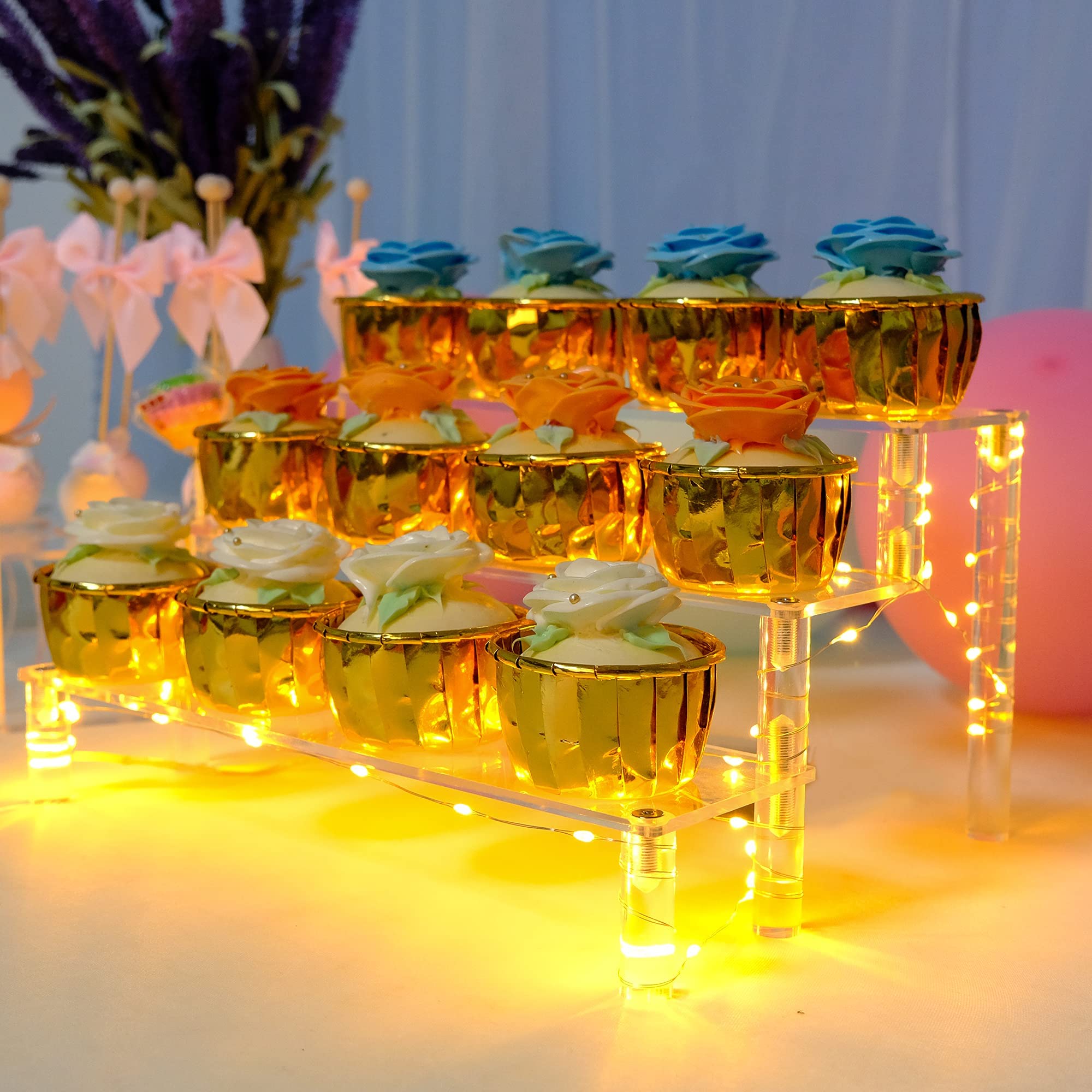 3 Tier Shelf Cake Pop Stand (Yellow) +5 Tier Premium Cupcake Holder – Acrylic Cupcake Tower Display – Cady Bar Party Décor – Acrylic Display for Pastry Weddings, Birthday (Colorful)