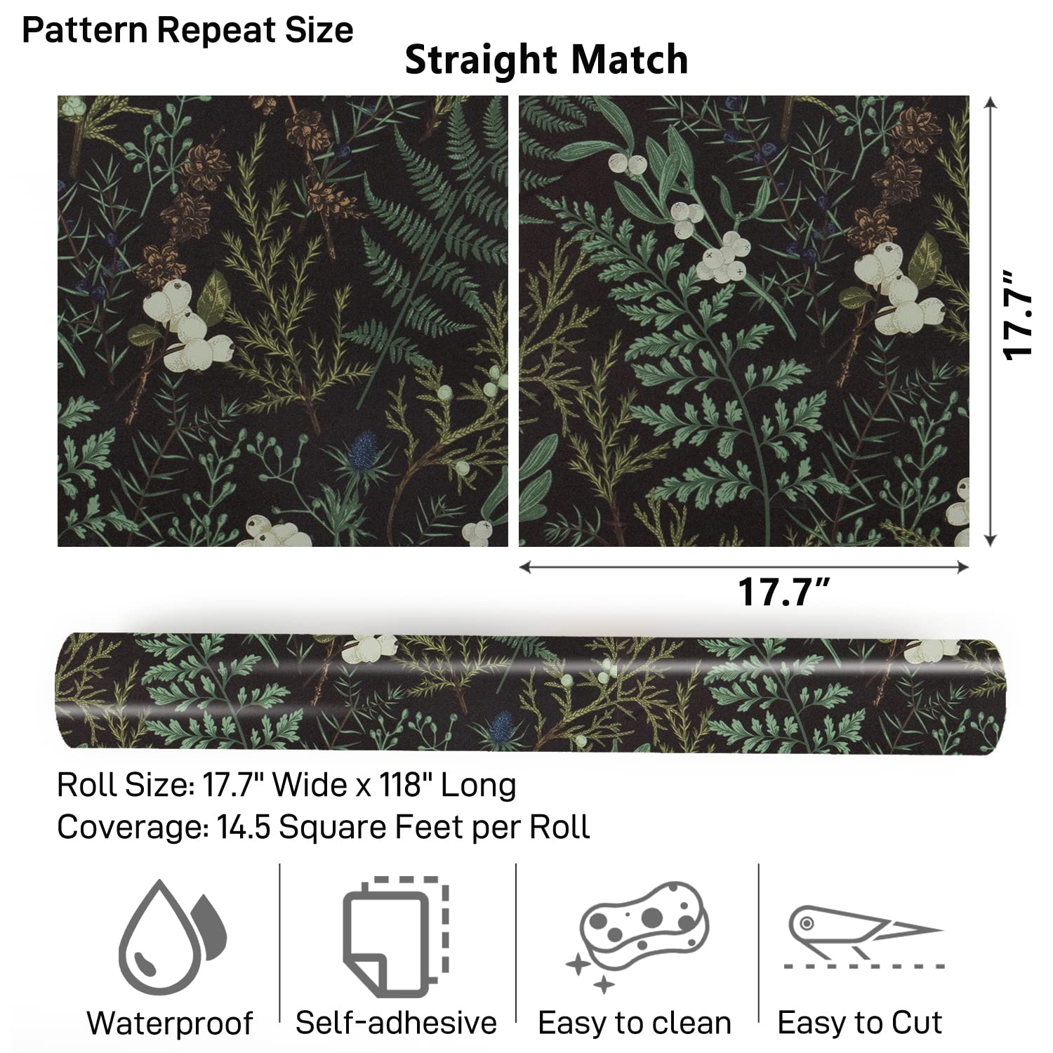 VaryPaper 17.7''x118'' Tropical Moss Leaf Peel and Stick Wallpaper Black Floral Self Adhesive Removable Contact Paper Decorative for Bedroom Walls Cabinets Shelves