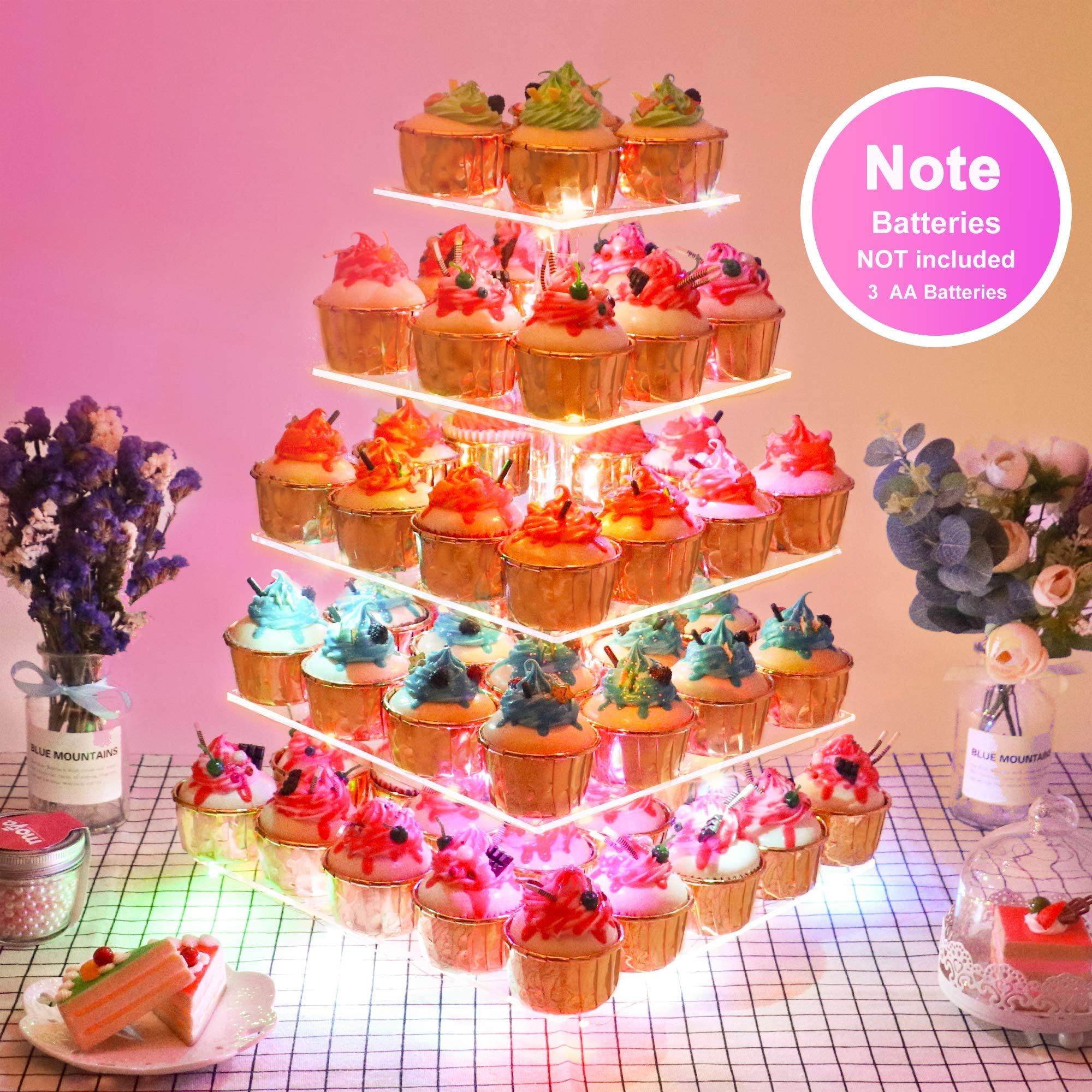 3 Tier Shelf Cake Pop Stand (Yellow) +5 Tier Premium Cupcake Holder – Acrylic Cupcake Tower Display – Cady Bar Party Décor – Acrylic Display for Pastry Weddings, Birthday (Colorful)