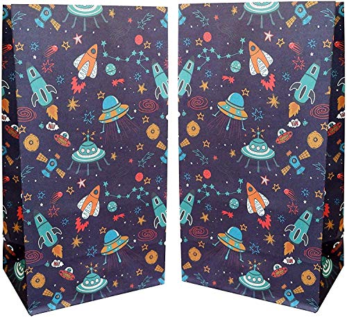 Outer Space Favor Bags - 24-Count Colorful Cute Pattern Design Printed on Kraft Paper Goodie Gift Bags - Treat Bags and Party Supplies for Theme Party, Kids Birthday, Party Favor - 9.5" x 5.5" x 3.25"