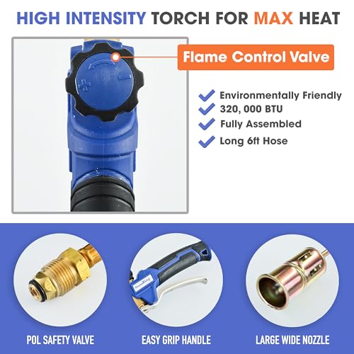 Flame King Propane Torch Kit Heavy Duty Weed Burner, 320,000 BTU with 6-ft Hose for Weed Burning, Melting Ice and Snow, and Roofing
