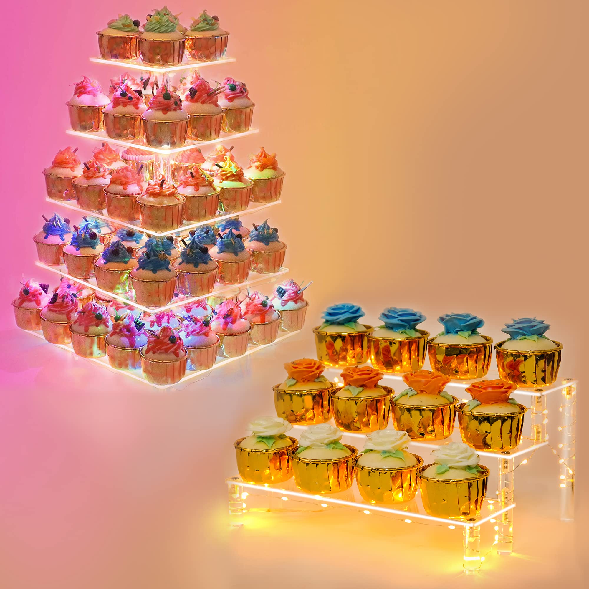 3 Tier Shelf Cake Pop Stand (Yellow) +5 Tier Premium Cupcake Holder â Acrylic Cupcake Tower Display â Cady Bar Party DĂ©cor â Acrylic Display for Pastry Weddings, Birthday (Colorful)