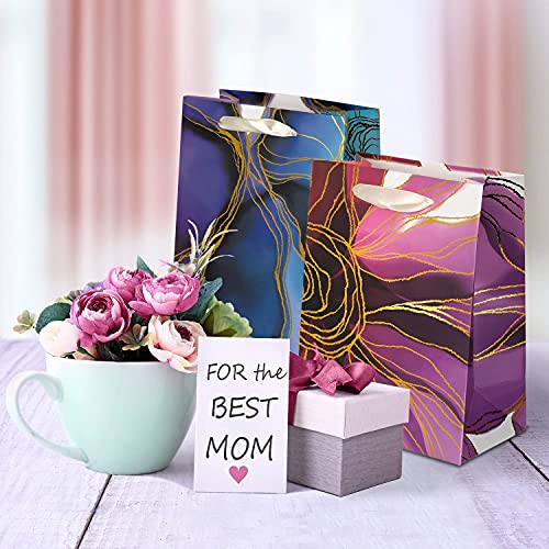 Homeadow Bags - 4 Pcs Assorted Gift Bags, Medium Size (9"x7") - Assorted with 4 Different Designs, Laminated Cardboard, Gold Foil, includes 8 tissue papers - Golden Blossom