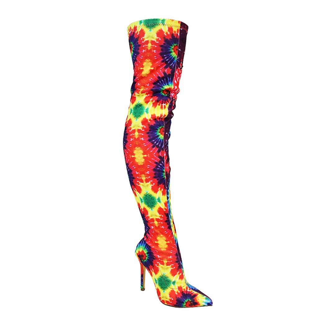 Liliana DB54 Women Suede Pointy Toe Thigh High Single Sole Stiletto Boot Gis-7B Rainbow Tie Dye 7.5