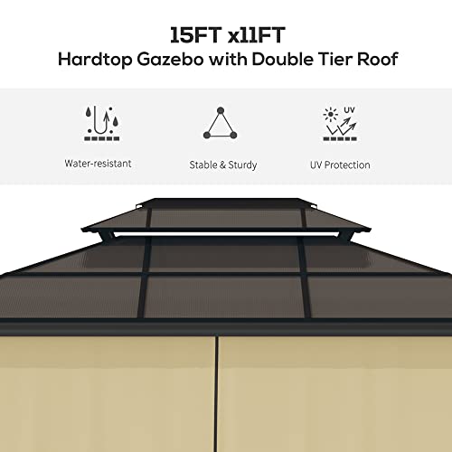 Outsunny 11' x 15' Hardtop Gazebo Canopy with Polycarbonate Roof, Aluminum Frame, Permanent Pavilion Outdoor Gazebo with Netting, for Patio, Garden, Backyard, Deck, Lawn, Beige