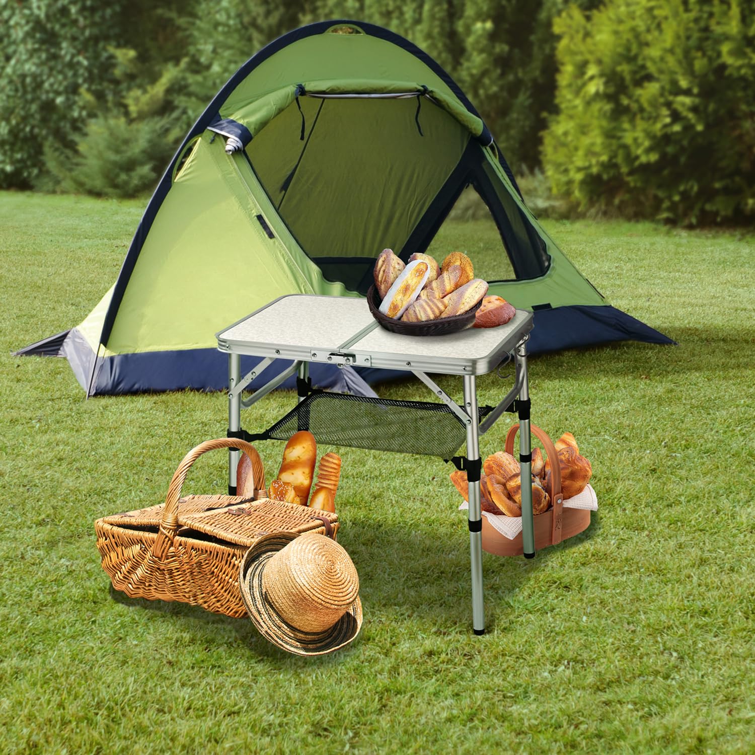 YihuiKo Adjustable Height Camping Table with Mesh Layer, 23.6" x 15.7" Portable Folding Camp Tables with Aluminum Legs for Outdoor Camp, Picnic, Beach, Backyard, Tailgate Cooking, 3 Heights…